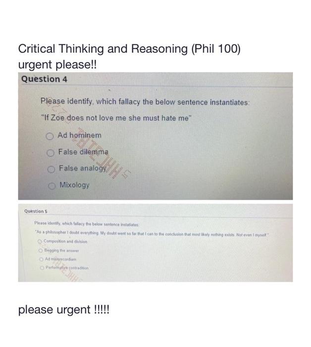 Critical Thinking and Reasoning (Phil 100) urgent | Chegg.com