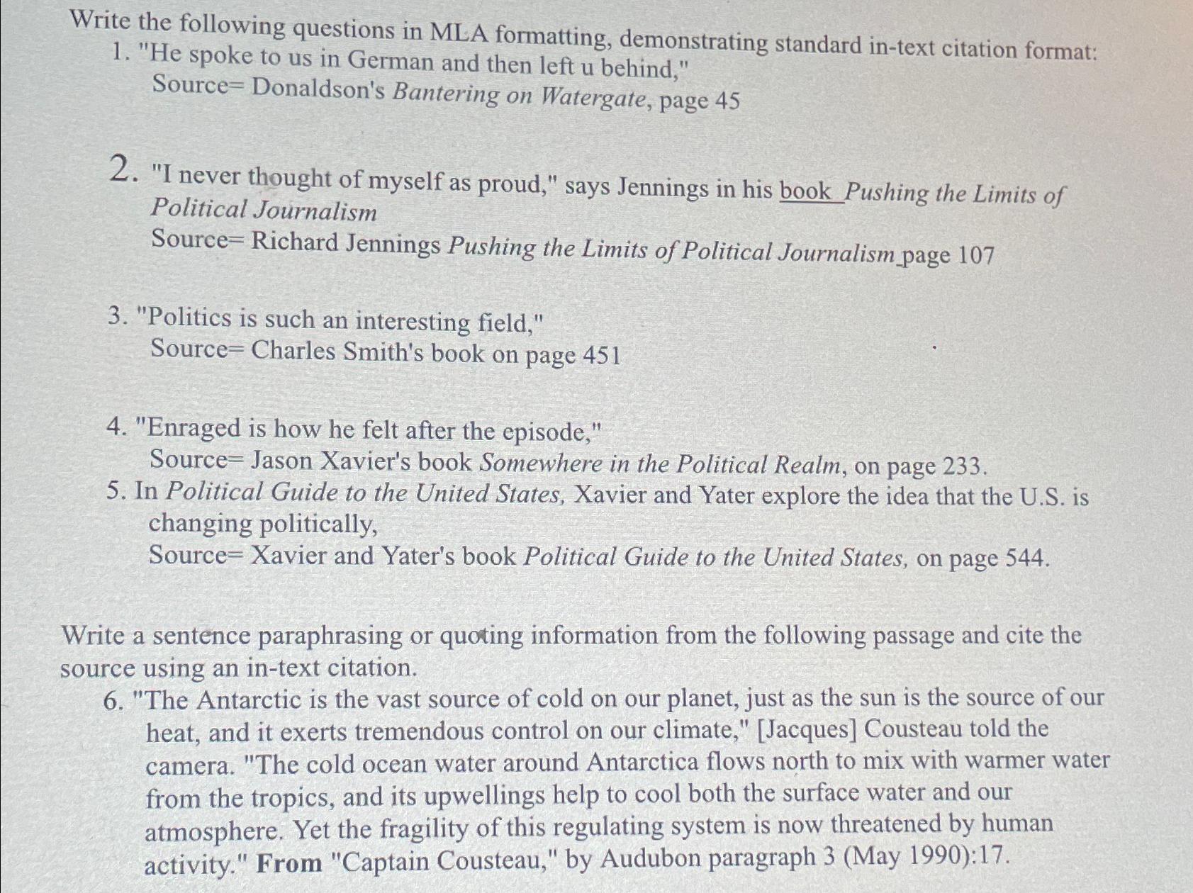 Solved Write the following questions in MLA formatting, | Chegg.com