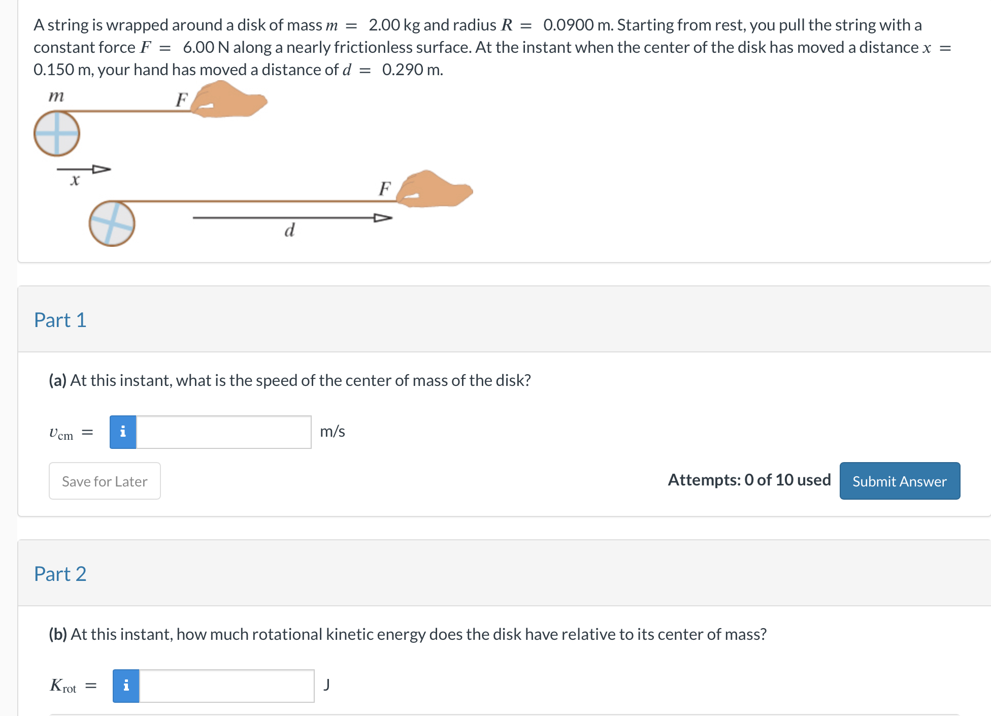 Solved A string is wrapped around a disk of mass m=2.00kg | Chegg.com