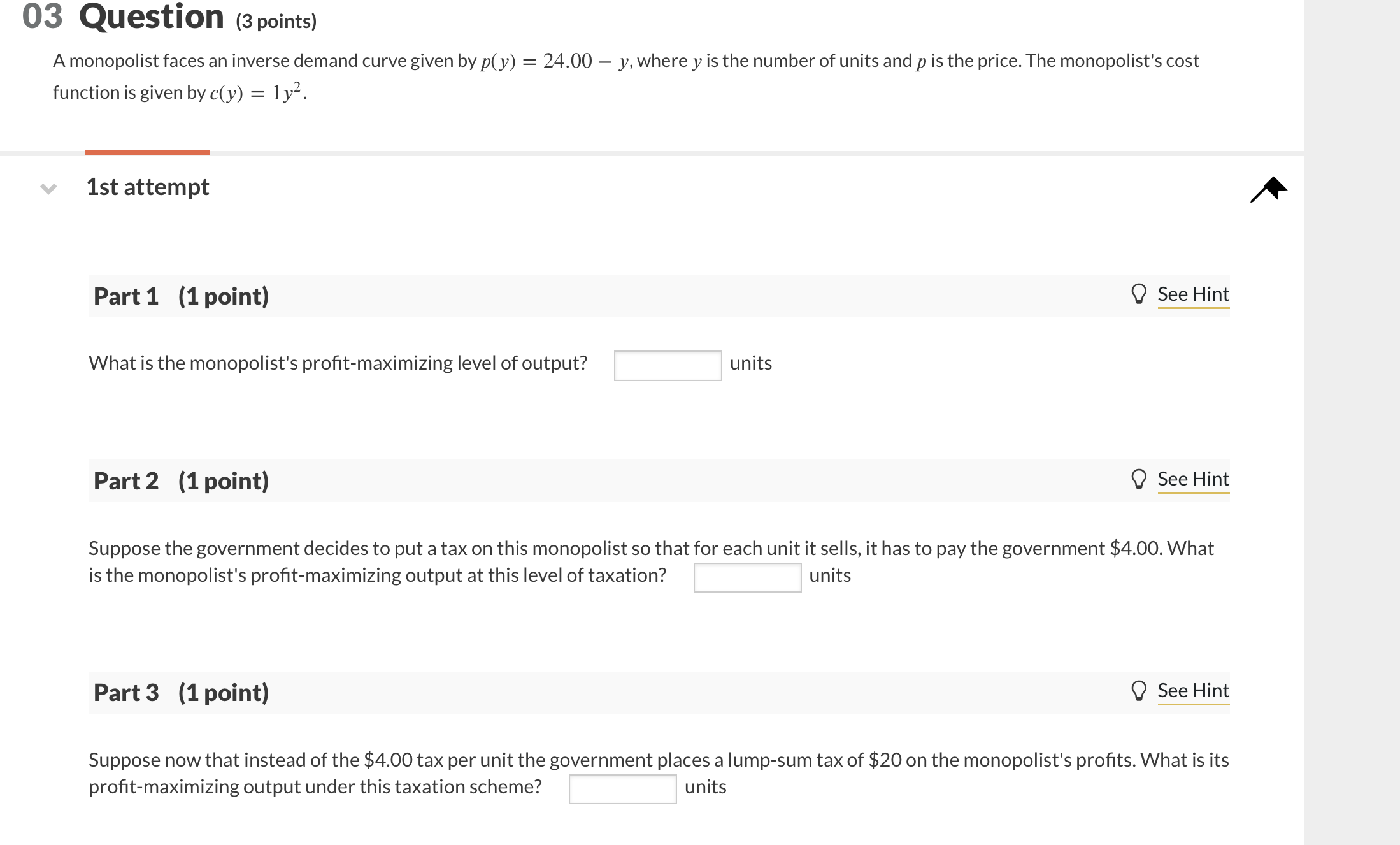 Solved 03 ﻿Question (3 ﻿points)A monopolist faces an inverse | Chegg.com