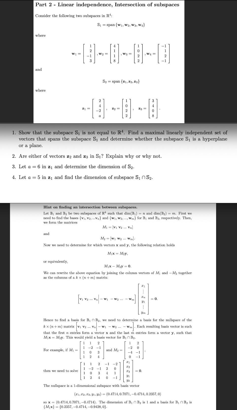 Solved Part 2 - ﻿Linear independence, Intersection of | Chegg.com