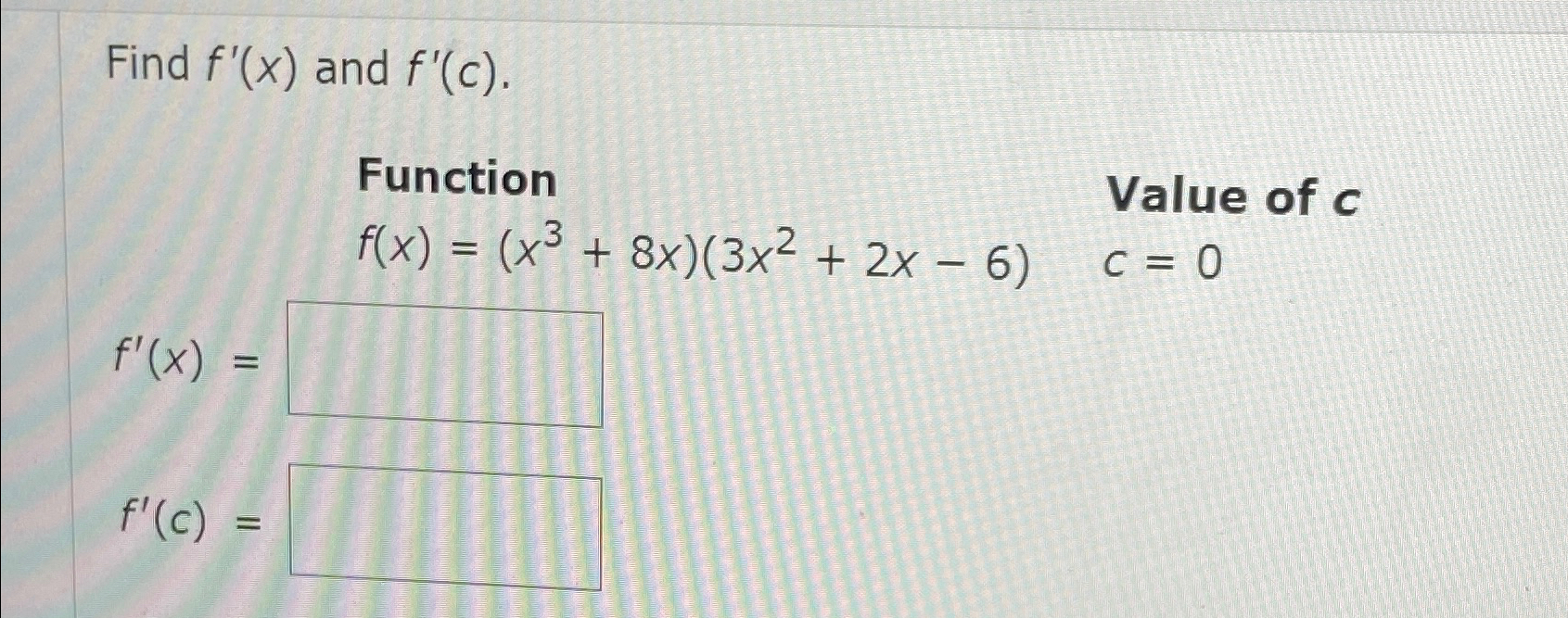 Solved Find f'(x) ﻿and f'(c).FunctionValue of | Chegg.com