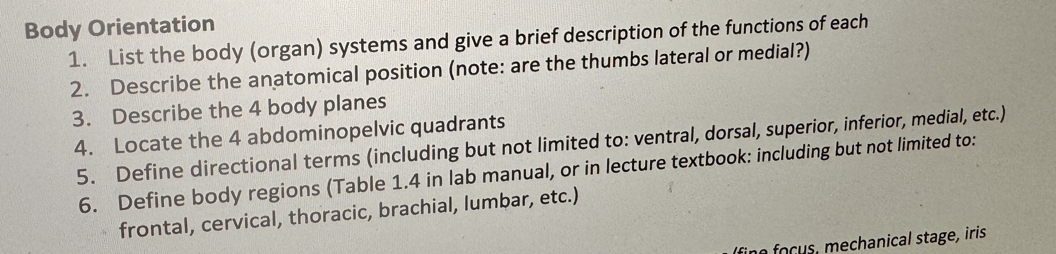 Solved Body OrientationList the body (organ) ﻿systems and | Chegg.com