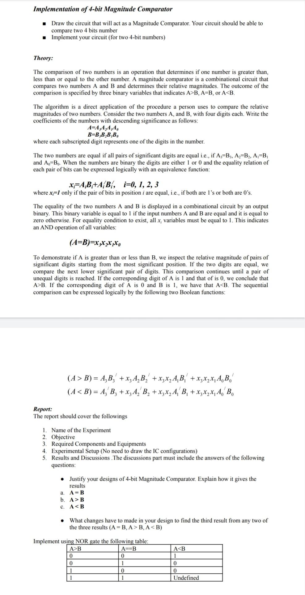 Solved Implementation of 4-bit Magnitude Comparator • Draw | Chegg.com