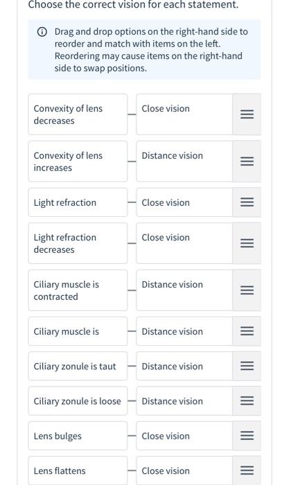 Solved Choose the correct vision for each statement. Drag | Chegg.com