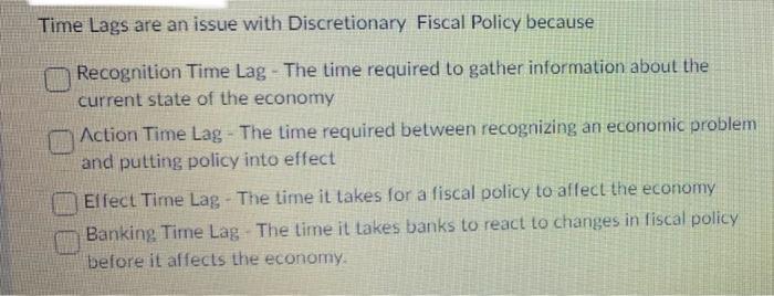 Solved Time Lags are an issue with Discretionary Fiscal | Chegg.com