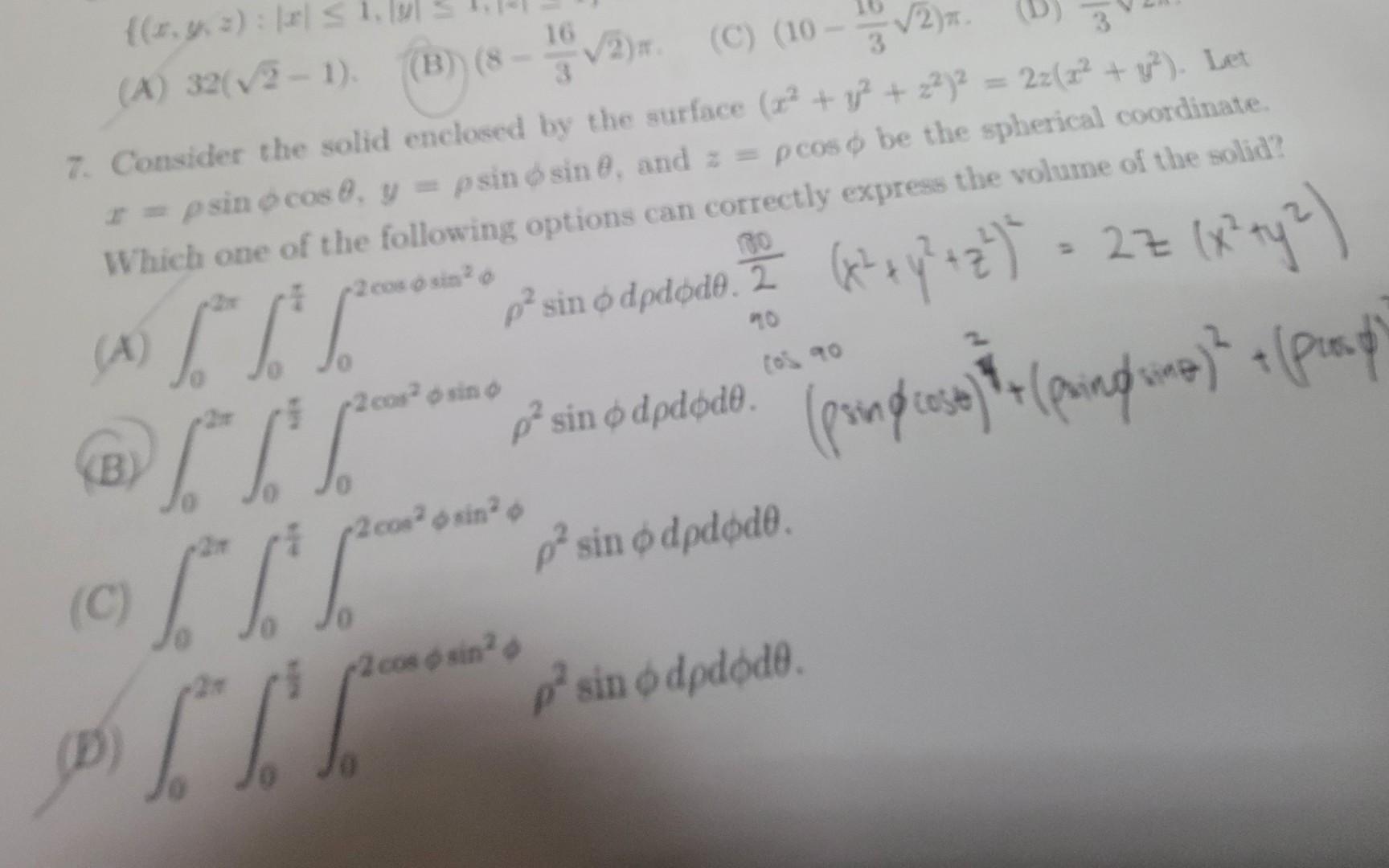 Solved {(x,y,z):∣x∣≤1,∣y∣≤1, (B) (8−3162)π. (C) (10−3102)π | Chegg.com