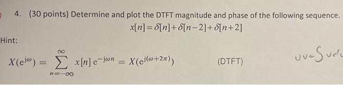 Solved 4. ( 30 points) Determine and plot the DTFT magnitude | Chegg.com Solved 4. ( 30 points) Determine and plot the DTFT magnitude | Chegg.com