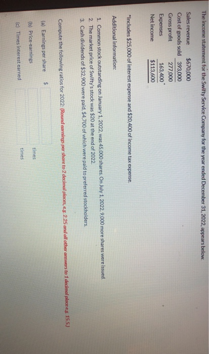 Solved The income statement for the Swifty Service Company | Chegg.com