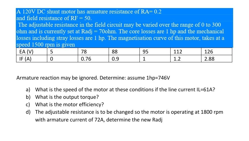 Solved A 120V DC shunt motor has armature resistance of | Chegg.com