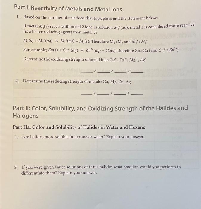 Solved Part I: Reactivity of Metals and Metal Ions 1. Based | Chegg.com