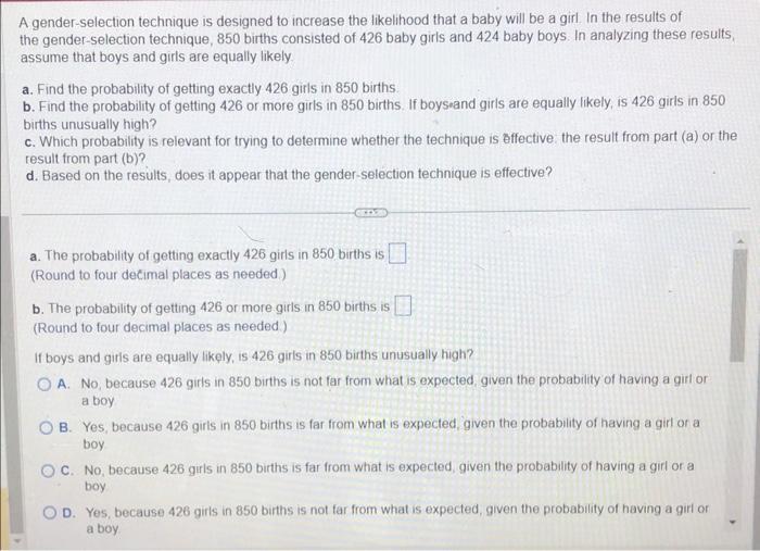 Solved A gender-selection technique is designed to increase | Chegg.com