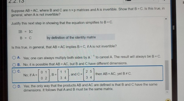 Solved 2.2. Suppose AB - AC, where B and Care nxp matrices | Chegg.com