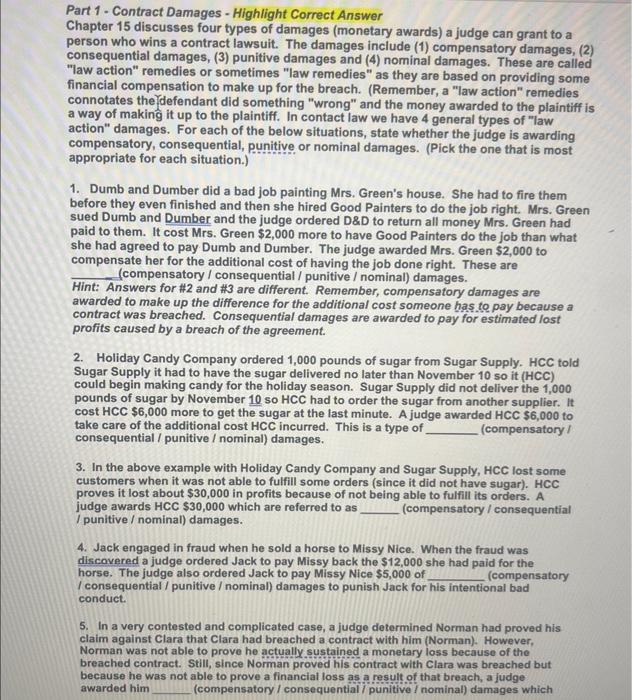Part 1 - Contract Damages - Highlight Correct Answer | Chegg.com