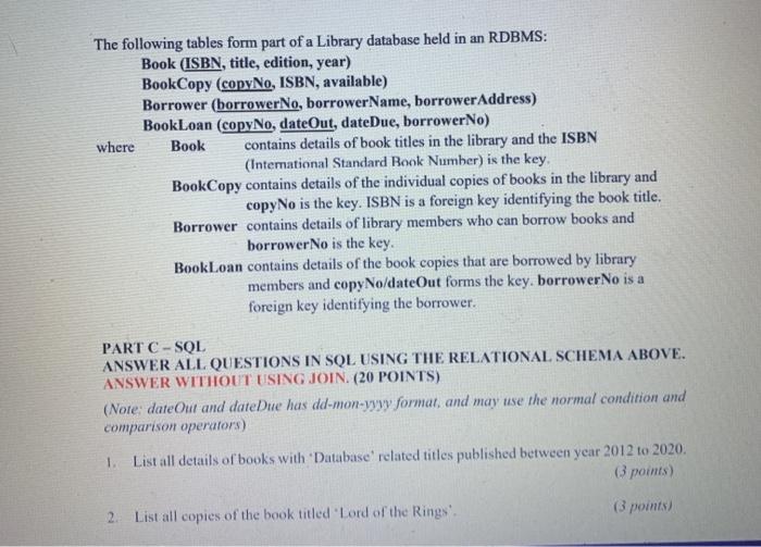 Solved The following tables form part of a Library database | Chegg.com