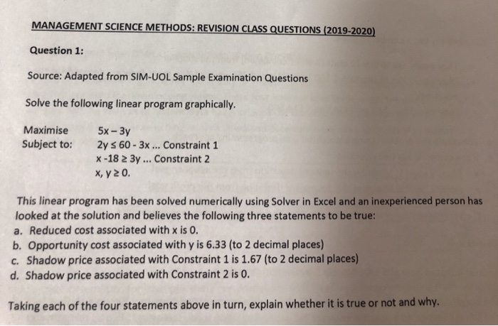 Solved MANAGEMENT SCIENCE METHODS: REVISION CLASS QUESTIONS | Chegg.com