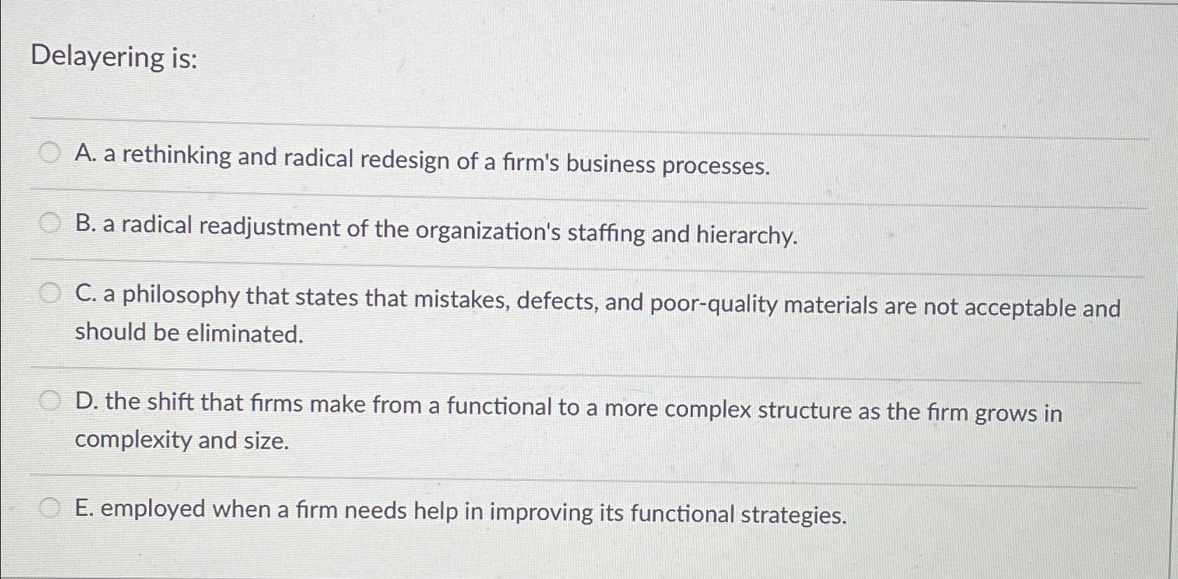 Solved Delayering is:A. ﻿a rethinking and radical redesign | Chegg.com