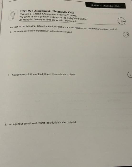 Solved LESSON 4: Electrolytic Cells LESSON 4 Assignment: | Chegg.com