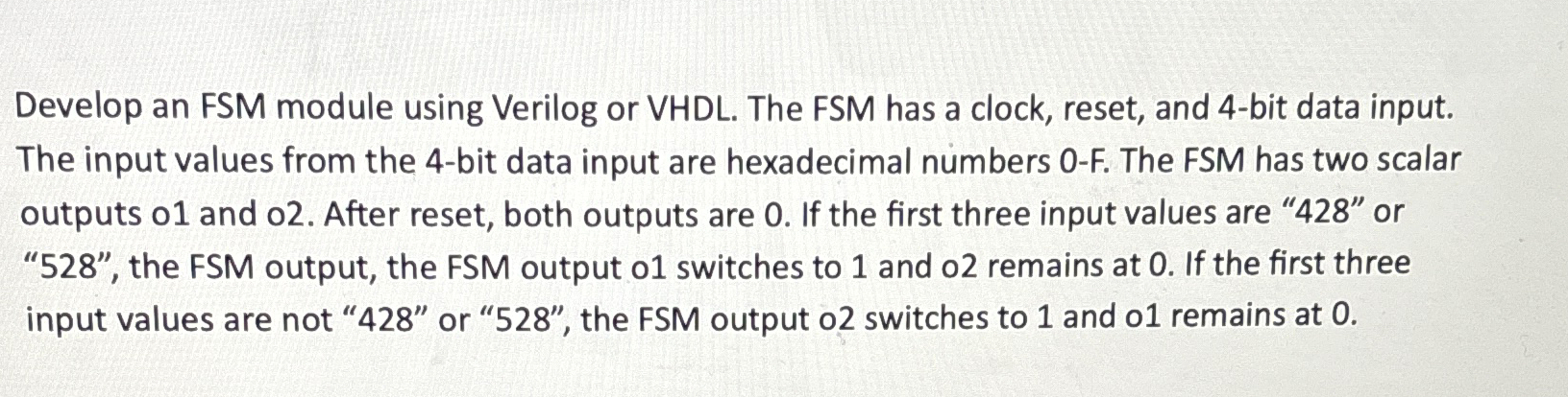 Solved Develop an FSM module using Verilog or VHDL. ﻿The FSM | Chegg.com