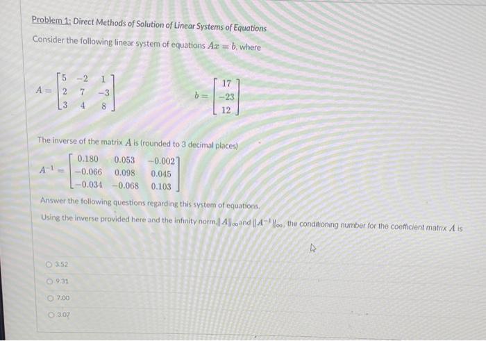 Solved Problem 1: Direct Methods of Solution of Linear | Chegg.com