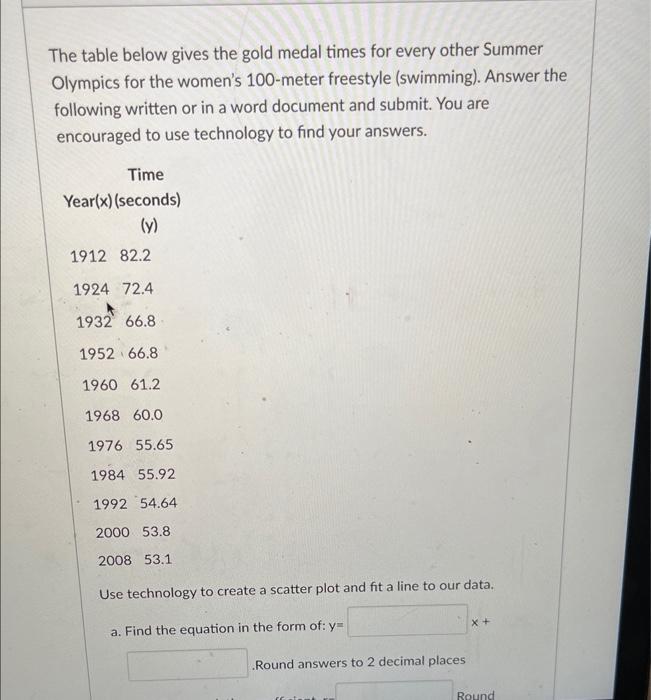 Solved The table below gives the gold medal times for every | Chegg.com