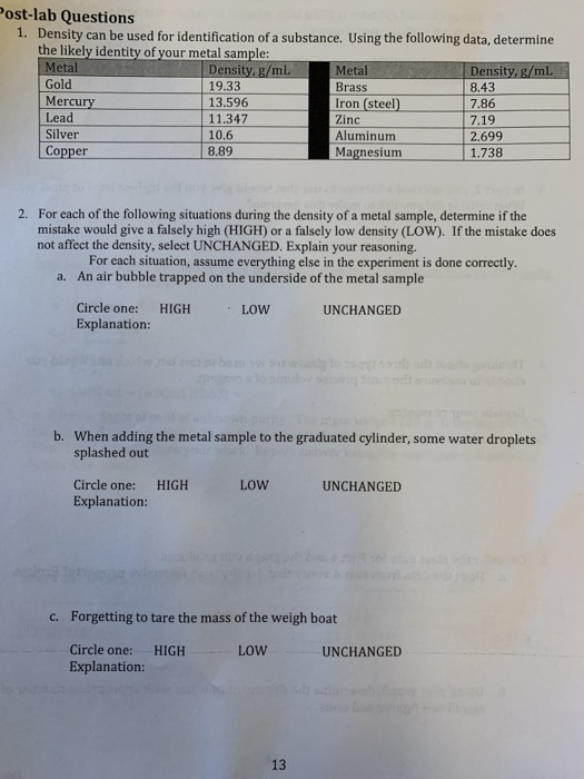 "ost-lab Questions 1. Density can be used for | Chegg.com