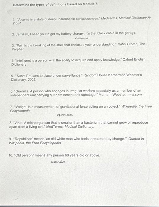 Determine the types of definitions based on Module 7: | Chegg.com