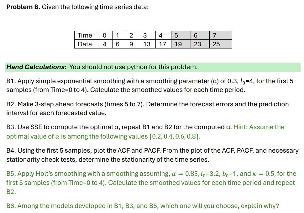 Solved Problem B. ﻿Given the following time series data:Hand | Chegg.com