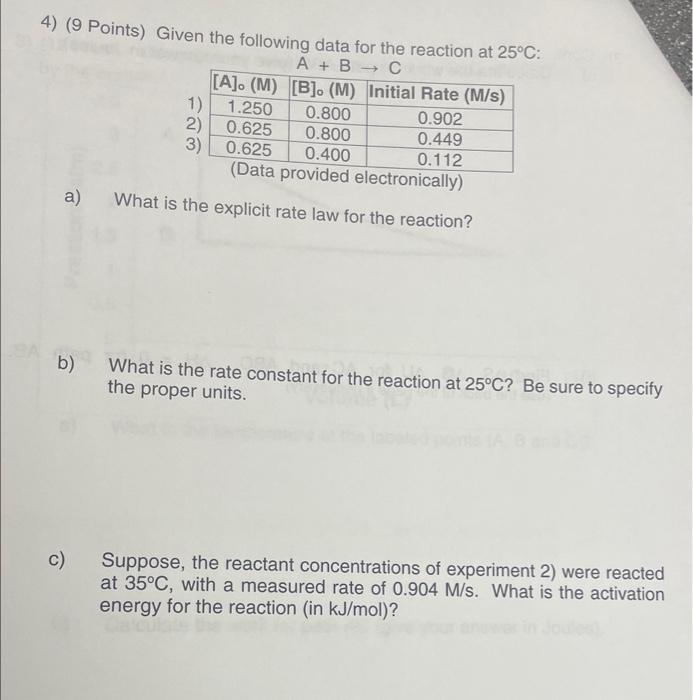 Solved 4) (9 Points) Given the following data for the | Chegg.com