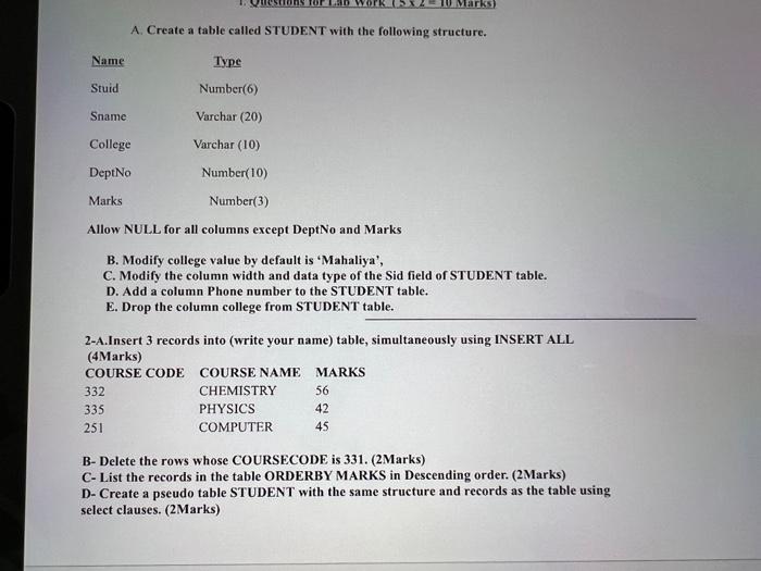 Solved A. Create a table called STUDENT with the following | Chegg.com