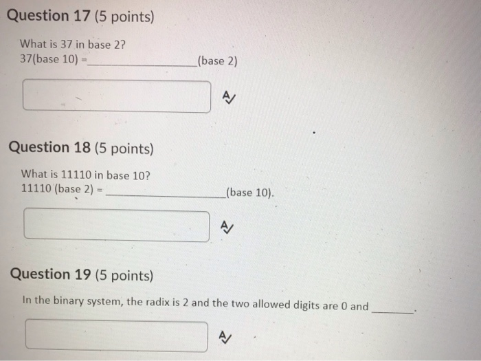 Solved Question 17 5 Points What Is 37 In Base 2 base 2 Chegg Solved Question 17 5 Points What Is 37 In Base 2 base 2 Chegg