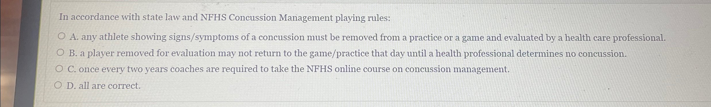Solved In accordance with state law and NFHS Concussion | Chegg.com