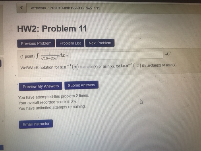 Solved webwork / 202010-mth122-03/hw2 /11 HW2: Problem 11 | Chegg.com