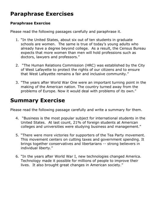 Solved Paraphrase Exercises Paraphrase Exercise Please read | Chegg.com