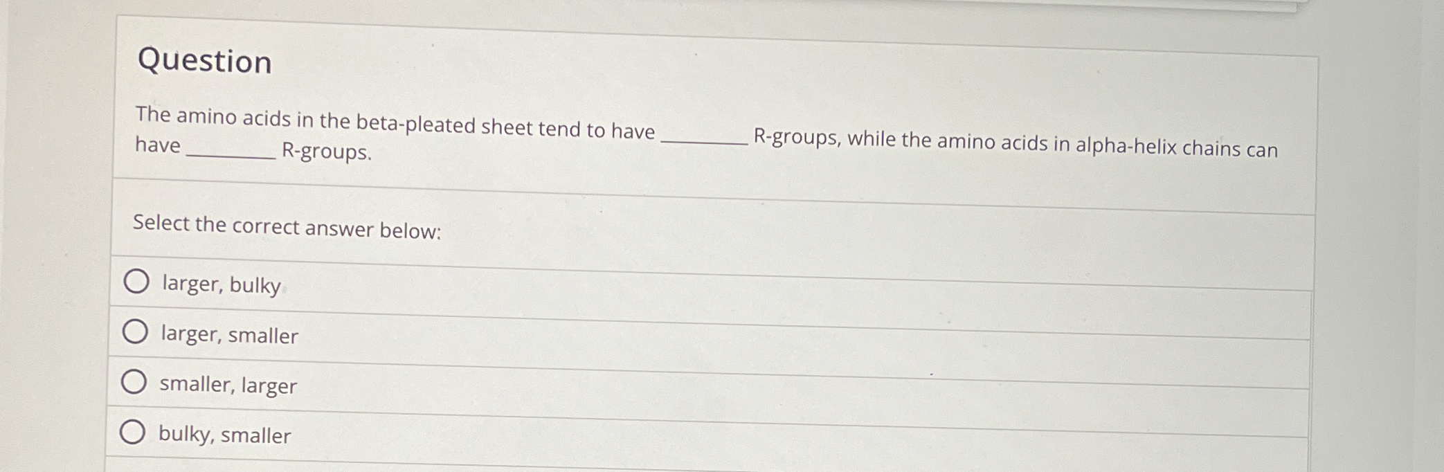Solved QuestionThe amino acids in the beta-pleated sheet | Chegg.com