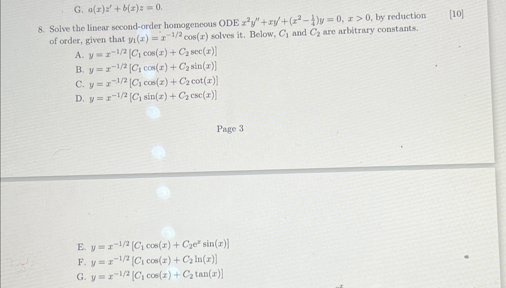 Solved G. a(x)z'+b(x)z=0.8. ﻿Solve the linear second-order | Chegg.com