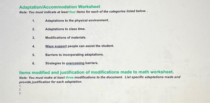 Solved Adaptation/Accommodation Worksheet Note: You must | Chegg.com