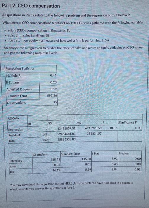 Solved Part 2: CEO compensation All questions in Part 2 | Chegg.com