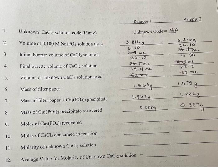 Solved Sample 1 1. Unknown CaCl2 solution code (if any) 2. | Chegg.com