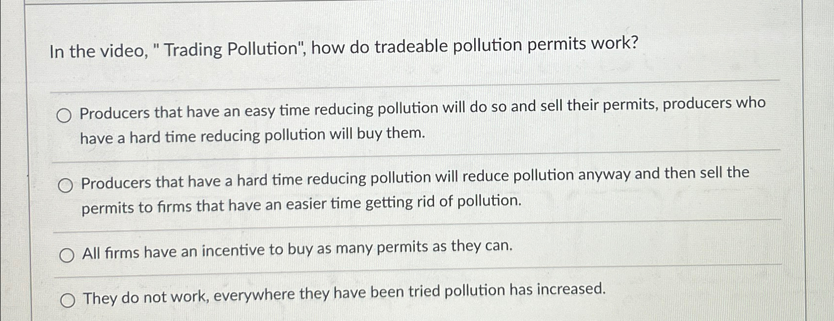 Solved In the video, "Trading Pollution", how do tradeable | Chegg.com