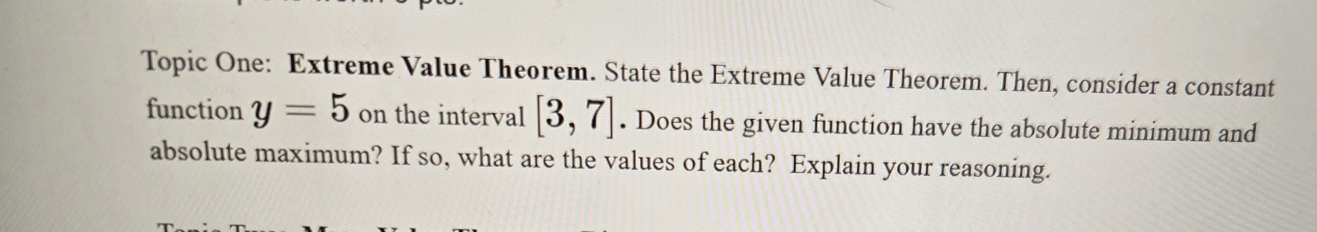 Solved Topic One: Extreme Value Theorem. State the Extreme | Chegg.com