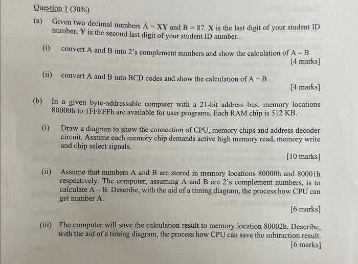 Solved (a) Given two decimal numbers A=XY and B=87.X is the | Chegg.com