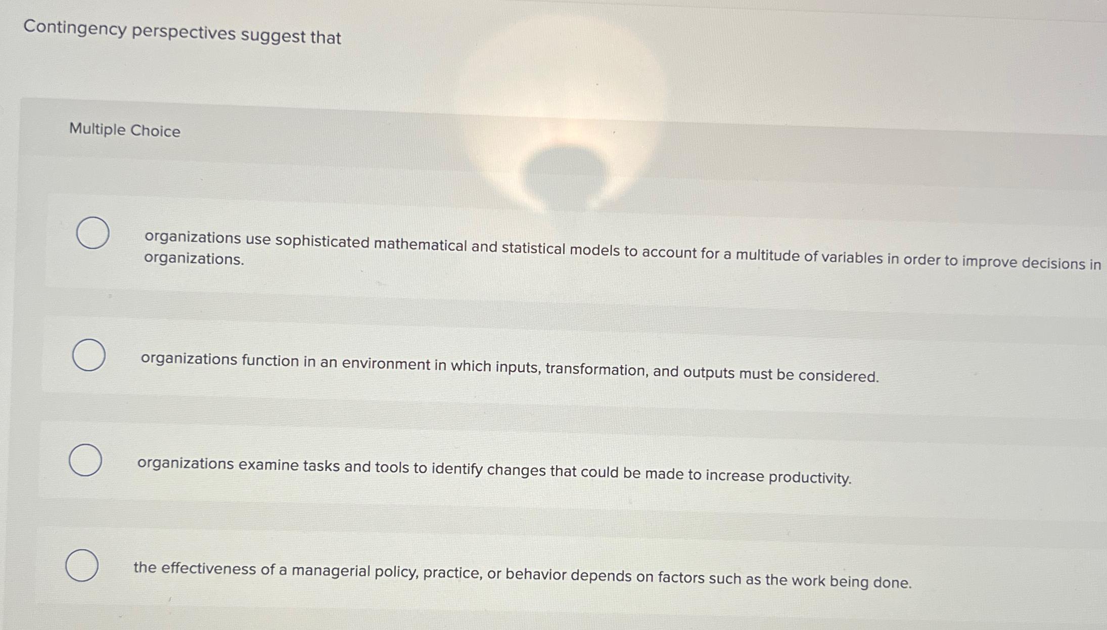 Solved Contingency perspectives suggest thatMultiple | Chegg.com