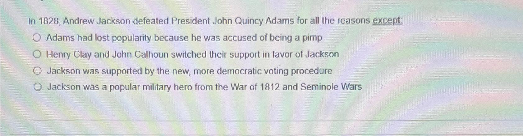 Solved In 1828, ﻿Andrew Jackson defeated President John | Chegg.com