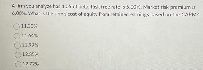 Solved A firm you analyze has 1.05 of beta. Risk free rate | Chegg.com