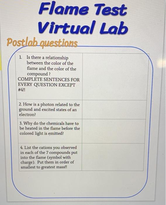 Solved Flame Test Virtual Lab Compound Video Observations | Chegg.com