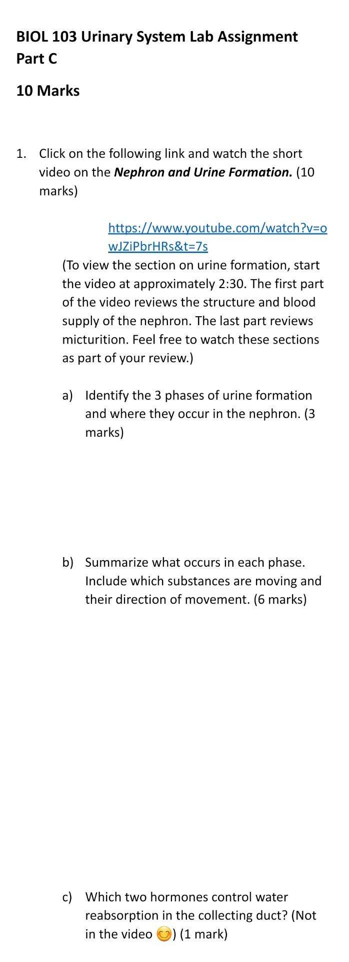 Solved BIOL 103 Urinary System Lab Assignment Part C 10 | Chegg.com