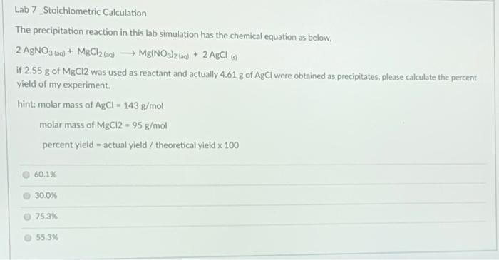 Solved Lab 7 _Stoichiometric Calculation The precipitation | Chegg.com
