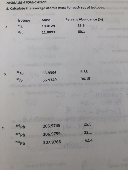 Solved AVERAGE ATOMIC MASS 8. Calculate the average atomic | Chegg.com