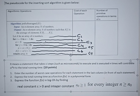Solved The pseudocode for the inserting-sort algorithm is | Chegg.com